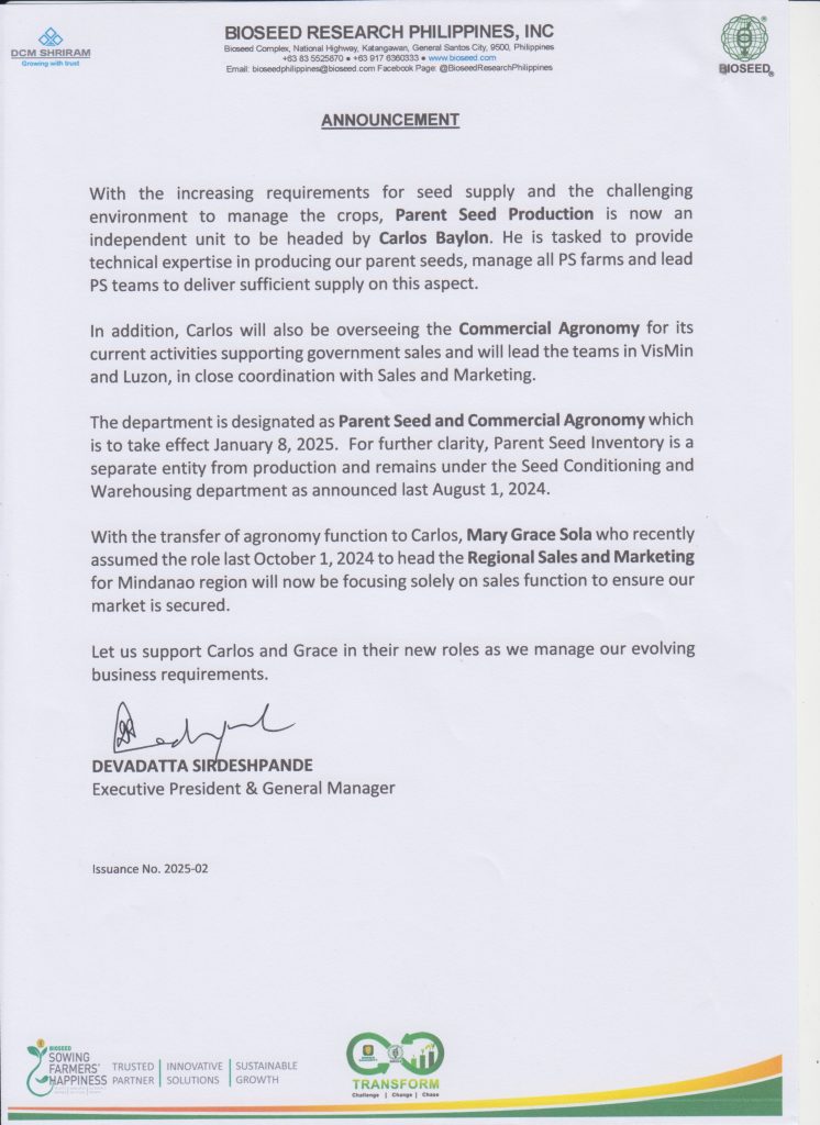 Parent Seed and Commercial Agronomy - Bioseed Research Philippines Inc.
